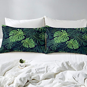 Erosebridal Banana Leaf Bedding Set, Hawaiian Beach Comforter Cover for Kids Teens Tropical Leaves Duvet Cover, Rainforest Natural Quilt Cover Room Decor 3 Pieces with 2 Pillowcases Queen Size