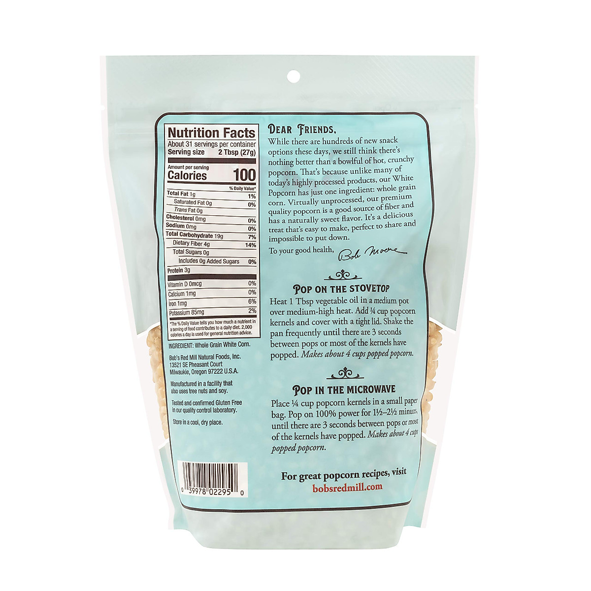 Bob's Red Mill White Popcorn, 30oz (Pack of 1) - Non GMO, Whole Grain, Vegan, Kosher