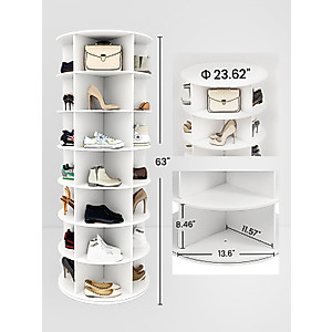 Toemics 7 Tier Rotating Shoe Rack Tower, 360° Spinning Display Lazy Susan Organizer, Holds 35 Pairs, Carousel for Shoes & Handbags, Easy Assembly, Includes 4 PCS Double-Layer Shoe Racks, White