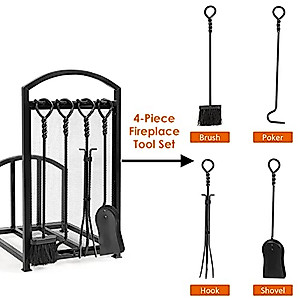 Tangkula Firewood Log Rack with 4 Tools Set, Fire Log Holder Storage Set with Brush, Shovel, Poker and Tongs, Fireplace Log Rack with Kindling Holders for Indoors and Outdoors