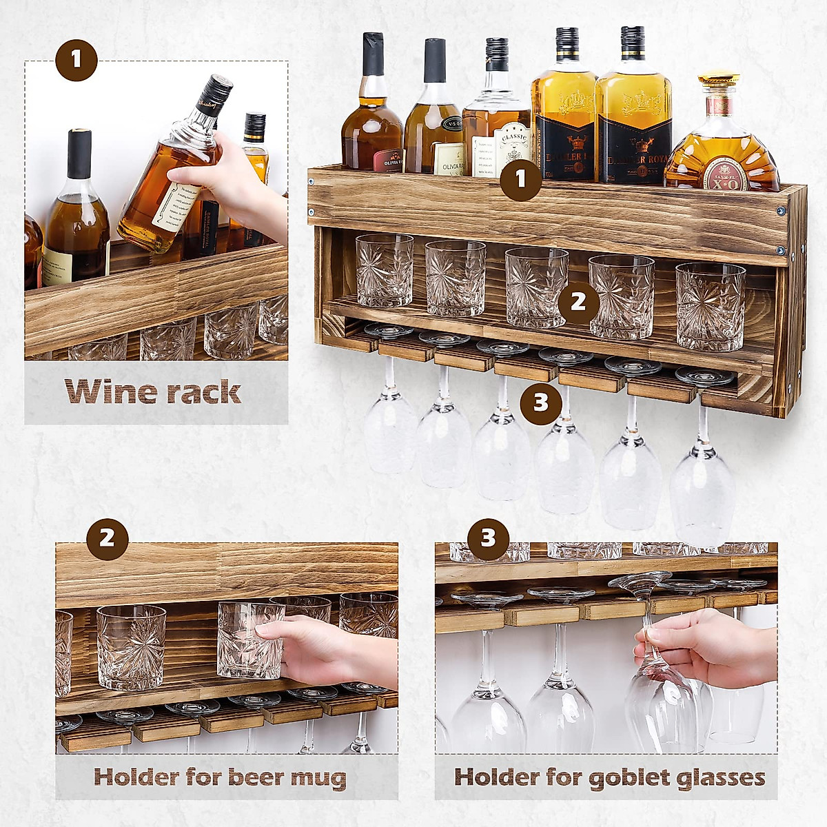 Homde Wine Rack Wall Mounted Wood,Wine Shelf with Bottle Stemware Glass Holder Rustic, Wine Display Storage Rack with Cork Holder for Home Bar Kitchen Decor