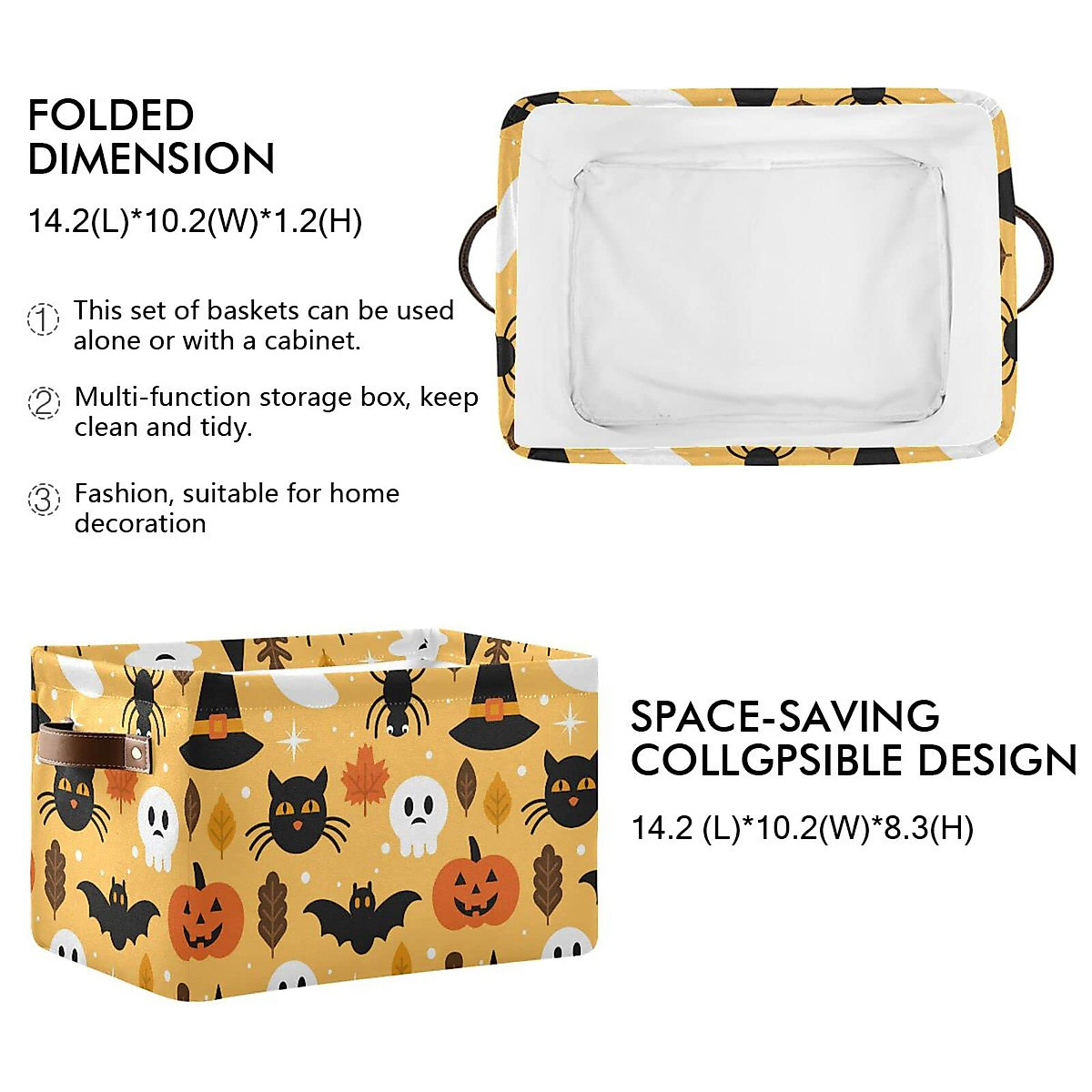 Large Foldable Storage Basket Halloween Spooky Skull Pumpkin Black Cat Storage Bin Canvas Toys Box Fabric Decorative Collapsible Organizer Bag with Handles for Bedroom Home
