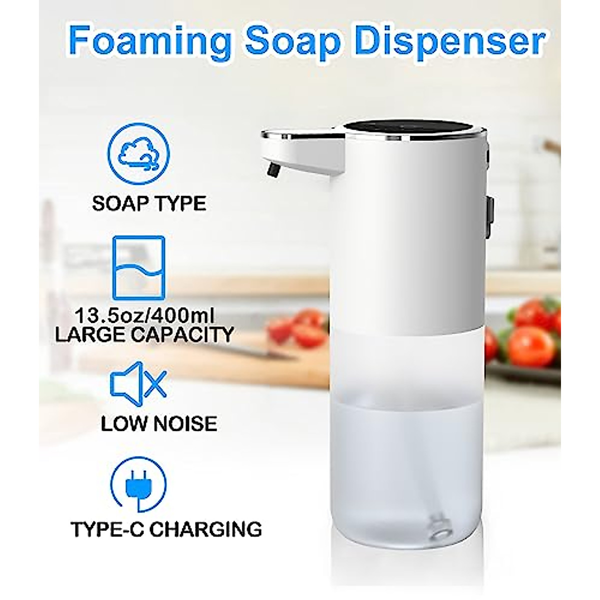 Josnown Foaming Soap Dispenser, Touchless Automatic Soap Dispenser with 4-Level Adjustable Foam, USB Rechargeable, 13.5oz/400ML Wall Mount Soap Dispenser for Bathroom Kitchen Office Commercia