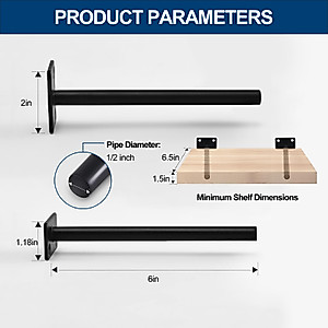 MHMYDZ 8 Pcs 6" Black Solid Steel Floating Shelf Bracket Blind Shelf Supports - Hidden Brackets for Floating Wood Shelves - Concealed Blind Shelf Support – Screws and Wall Plugs Included