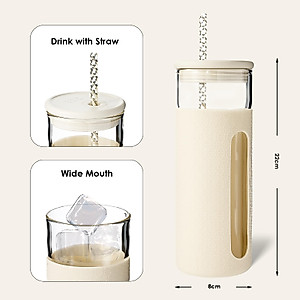 BOTTLE BOTTLE Glass Tumbler with Straw and Lid, 20 oz Glass Water Bottles, Reusable Iced Coffee tumbler, Smoothie Cup, Wide Mouth Glass Cup with Silicone Sleeve, BPA FREE (Earth tone)