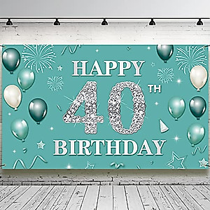 40th Birthday Banner Backdrop, Teal Silver Happy 40th Birthday Decorations Women, Turquoise 40 Years Old Birthday Photo Props, Forty Birthday Party Sign for Outdoor Indoor, Fabric Vicycaty