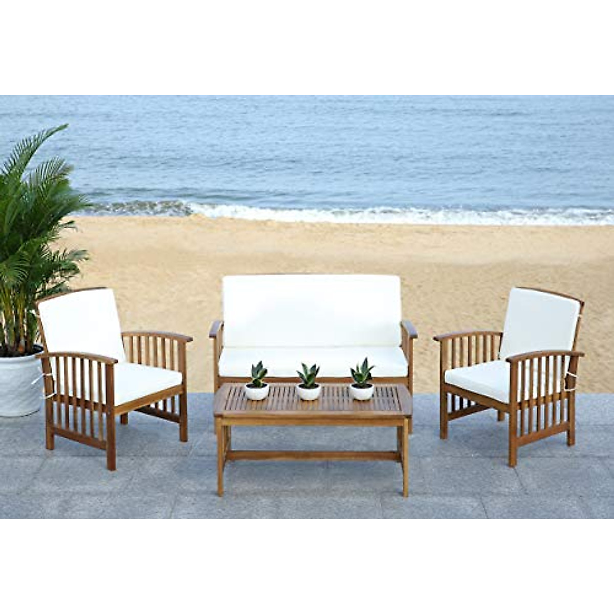 SAFAVIEH Outdoor Collection Rocklin Natural/ Beige 4-Piece Conversation Patio Set with Cushions