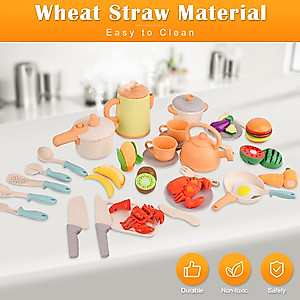 TUEHUTDE 50PCS Play Kitchen Accessories, Kids Kitchen Toy Toddler Cooking Playset with Play Pots and Pans, Kettle, Cups, Utensils Cookware Toys, Play Food, Toy Vegetables Fruit Gift for Girls Boys