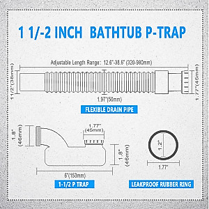 Cinsda Bathtub Shower Drain Pipe, Low Profile Flat 1 1/2 P Trap Kit Flexible Freestanding Tub Drain for Bath