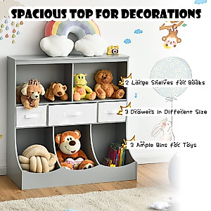 HONEY JOY Kids Toy Storage Organizer with Bookcase, 8-Cubby Organization Storage Cabinet w/Display Shelf & 3 Removable Fabric Bins, Wooden Toy Storage Unit for Playroom, Nursery Daycare(Gray)