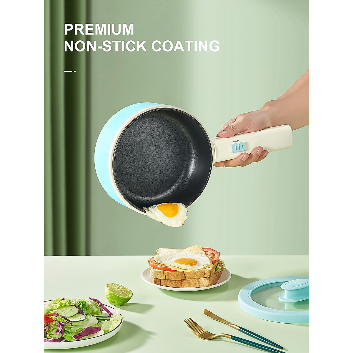 Reemix Hot Pot Electric With Steamer, 1.6L Ramen Cooker Non-Stick Sauté Pan for Steak, Egg, Fried Rice, Ramen, Oatmeal, Soup, Portable Personal Hot Pot Perfect Suit for Dorm Room and Apartment (Aqua)