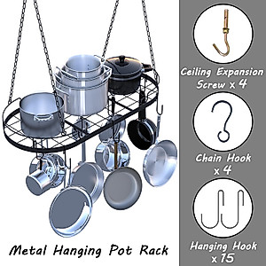 TICKCACY 33” Oval Pan Rack Hanging, Heavy Duty Ceiling Pot Rack with Hooks, Metal Pot Rack Hanging with Grid, Pot and Pan Hangers for Kitchen Cookware Utensils Toiletries, Easy Assembly, Black