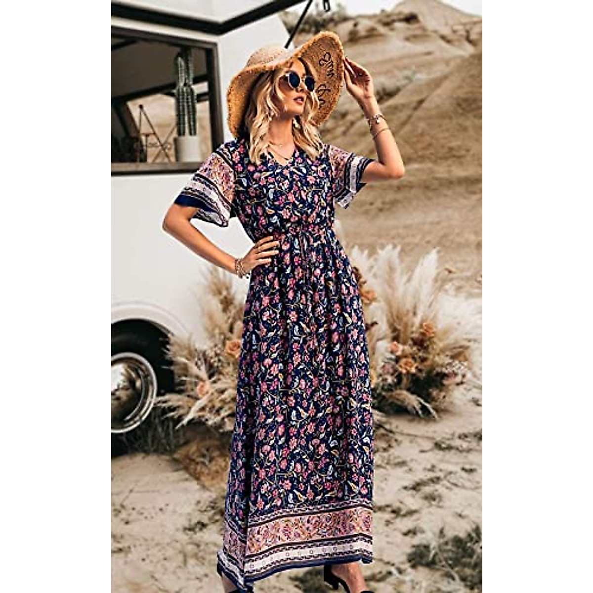 PRETTYGARDEN Women's Casual Summer Boho Floral Print Dress V Neck Short Sleeve High Waist Long Maxi Beach Dresses (Navy,Medium)