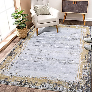 MilleLoom Large Rug 9x12 Washable Rugs Solid Livingroom Rugs Bordered Rugs Modern Geometric Neutral Rug, Stain-Resistant Non-Slip Rugs for Living Room Farmhouse Soft Foldable Area Rug 9x12,Yellow