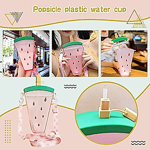 Cute Water Bottles with Straw | Kids Adjustable Shoulder Strap | Watermelon Ice Cream Water Jug | Anti-Fall Portable Popsicle Transparent Drink Bottle (B-Red)