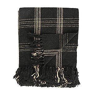 Creative Co-Op Plaid Black & Tan Fringed Woven Cotton Blend Throw 60 inch x50