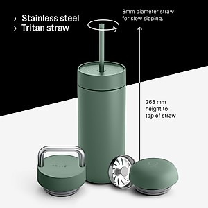 Fellow 16 oz Carter Bundle (3 in 1) Travel Mug with Carry Handle, Move & Cold Lids with Straw - To-Go Coffee Tumbler, Ceramic Interior & Vacuum-Insulated Stainless Steel - Coffee Cups-Smoke Green