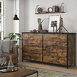 IKENO 8 Drawer Dresser, Industrial Wood Storage Dressers & Chests of Drawers with Sturdy Steel Frame, Storage Dresser for Bedroom Wood (Rustic Brown)