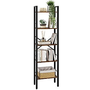 Tajsoon 5 Tier Ladder Bookshelf Industrial Ladder Shelf, Narrow Tall Skinny Bookshelf with Metal Frame, Multipurpose Standing Book Shelf for Bedroom, Living Room, Kitchen, Home Office, Rustic Brown