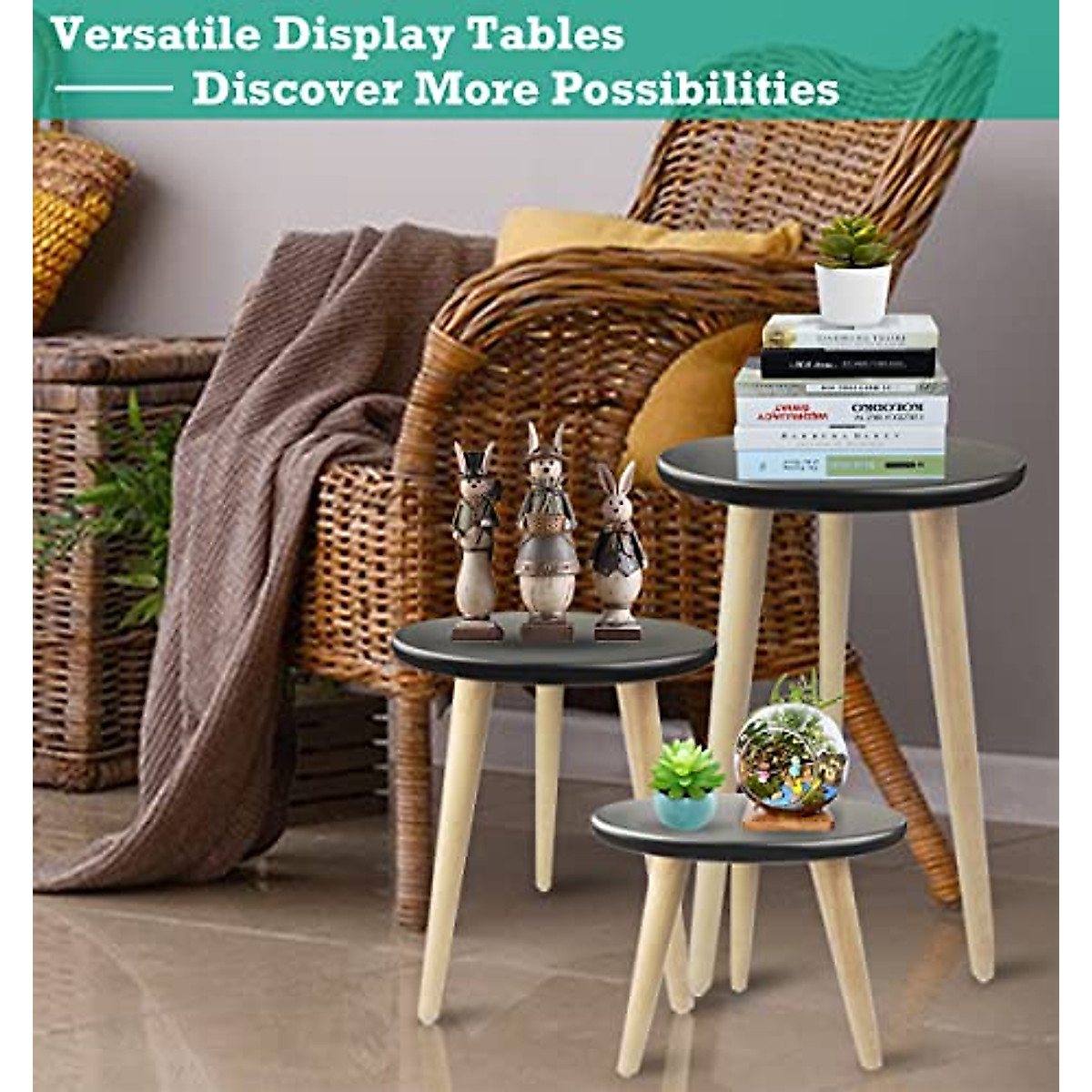 Tuohours 14IN Tall Plant Stand Holder for Indoor Planters, Mid Century Small Round Wood Table for Living Room Corner Floor