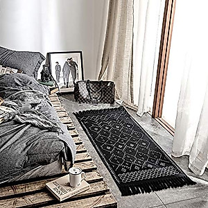 Cedilis 2 Pack Boho Bath Mat, Cotton Woven Throw Rug with Small Tassel, Geometric Patterned Kitchen Bathroom Rug, Washable Hallway Floor Carpet, Black & White, 2 ft x 3 ft & 2 ft x 4.3 ft