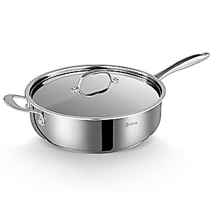 DELUXE 12 Inch Stainless Steel Skillet Frying Pan, Large Pan with Lid and Stay-Cool Handle, 5qt Deep Sauté Pans for Deep-Fry Braise Stew, Multipurpose Cooking Pot for Induction Gas Stove