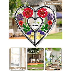 KY&BOSAM Heart Suncatchers Grandma Gift Ornament Stained Glass Sun Catcher Garden hangings Windows with Pressed Flower Heart Embedded in Glass Gifts for Grandma Mother`s Day Birthday Gifts