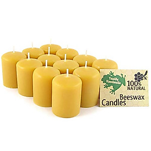 One Dozen (12) Hand Poured Solid Beeswax Votive Candles in Natural Wax - 100% Beeswax Candles by Toadily Handmade - Now Packaged in an Attractive Gift Box! - Made in The USA