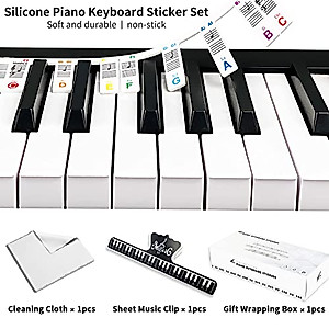 Removable Piano Keyboard Note Labels,Piano Keyboard Stickers,88-Key 61-Key Full Size,Silicone Keyboard Stickers,Suitable Piano Keyboard for Beginners with Box,Sheet Music Clip,Cleaning Cloth