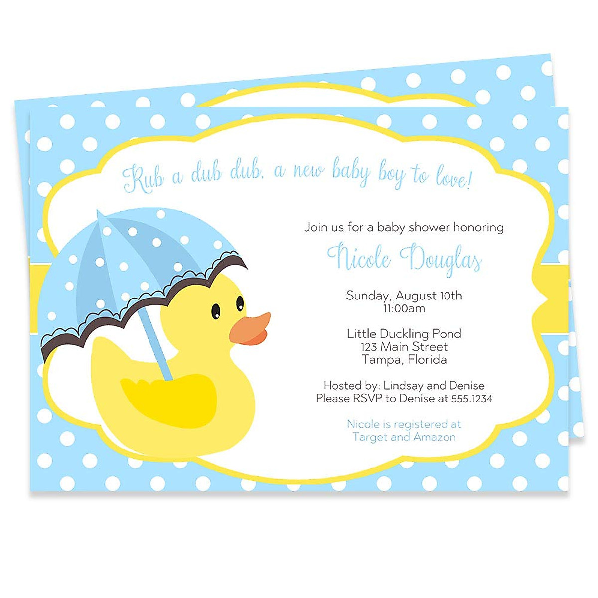 Rubber Ducky Baby Shower Invitations Duck Theme Customizable Invitations For Boy Polka Dots Blue Yellow Sprinkle Personalized (12 Count)