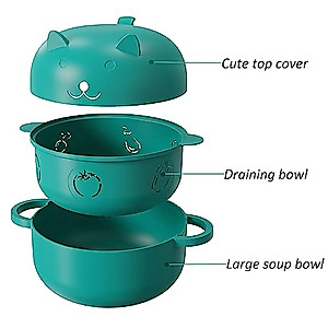 2000 ML / 68 OZ Microwave Ramen Bowl，Noodle Bowl, Steamer for Cooking Food and Vegetables with Handle, Lid, Removable Strainer. Multifunctional bowl for Cooking, Rinse, Storage (green)