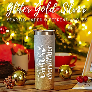 Onebttl Boss Lady Gifts for Women, Chaos Coordinator Tumbler for Boss, Secretary, Manager, Coworkers, Stainless Steel Skinny Tumbler 20oz with Lid and Straw, Glitter Silver & Gold