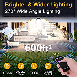 Solar Outdoor Lights Motion Sensor, 292 LED Solar Flood Lights w/Remote Control, 4 Heads Solar Panel Powered Security Lights IP65 Waterproof, Wired Solar Wall Lights for Garage Yard Shed Garden