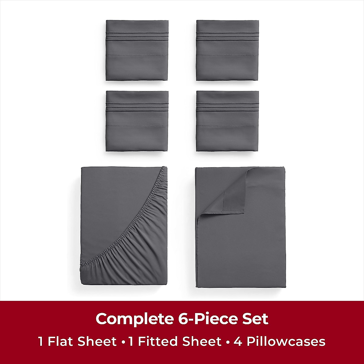 Mellanni Queen Sheet Set - 6-Piece Iconic Collection Bedding, (Including 4 Pillowcases), 16-Inch Deep Pocket, Easy Care, Extra Soft, Cooling Sheets, Brushed Microfiber - Gray