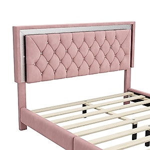 Queen Size Velvet Upholstered Platform Bed Mattress Foundation w/Crystal Tufted Headboard&LED Light for Adult,Low Profile Panel Bed Frame w/Metal Legs&Wooden Slat Support for Bedroom Guestroom (Pink)