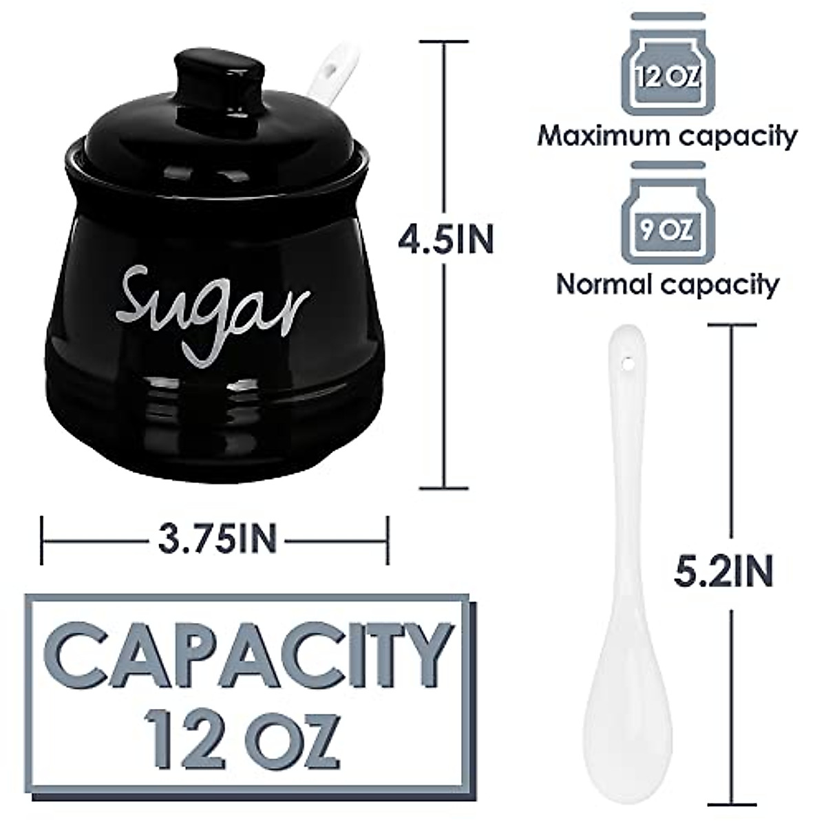 Swetwiny Porcelain Sugar Bowl with Lid and Spoon, 12 Ounces Ceramic Sugar Storage Jar, Sugar Container for Home and Kitchen (Black)