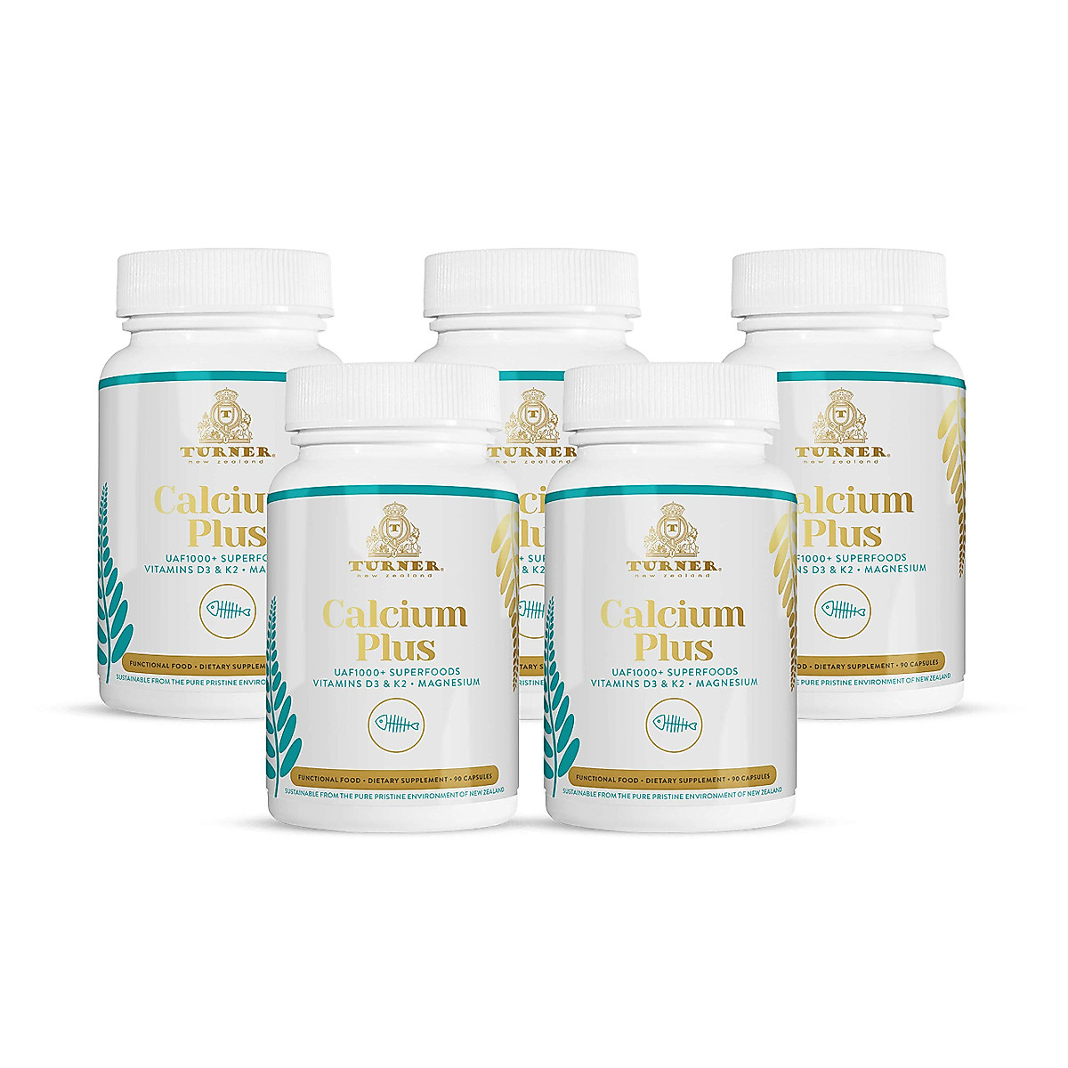 TURNER Calcium Plus, All-Natural Marine Calcium Supplement, with UAF1000+ Super Antioxidant, Magnesium + Vitamins K2 & D3, Supports Bone Density & Joint Health, 5 Bottles, 450 caps, 5 Month Supply