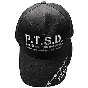 P.T.S.D. Not All Wounds are Visible Black Barb Barbed Wire Acrylic Adjustable Embroidered Cap Hat