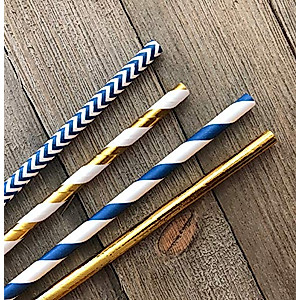 Navy Blue and Gold Foil Paper Straws - Stripe Chevron Solid - 100 Pack