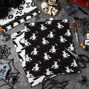 Whaline 12Pcs Halloween Cotton Fabric Bundles 18 x 22 Inch Spider Pumpkin Bat Witch Plaid Stripe Dot Fat Quarters White Black Quilting Patchwork Squares Sewing Fabrics for DIY Craft Party Decor