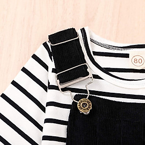 YOUNGER TREE Toddler Baby Girl Fall Outfit Long Sleeve Stripe T-shirt and Strap Dress Overall with One Pocket Clothes Sets (Black, 18-24 Months)