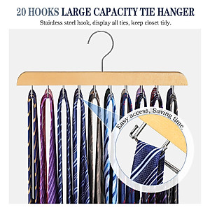 Tie Rack Belt Hanger for Closet, Fitnice Upgraded Non Slip Tie Hanger Space Saving with 20 Foldable Hooks Wooden Belt Tie Organizer for Tank Tops Bras Cami Scarves