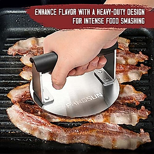 FANGSUN Smashed Burger Press, Burger Smasher for Griddle, Heavy-duty Stainless Steel Hamburger Press with Heat-resistant Handle, Non Stick Bacon Press, 6-Inch Grill Meat Press, Griddle Accessories Kit