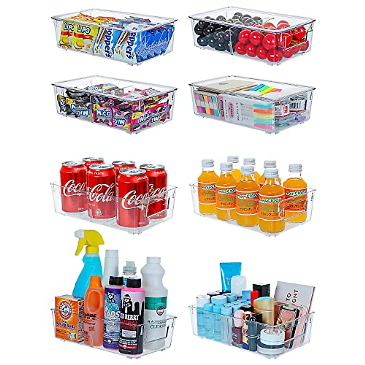 Plastic Storage Bin with Lid and Divider, ESARORA Clear Shallow Pantry Organizer with Handle for Fridge, Cabinet, Kitchen, Bedroom, Closet, Bathroom, Office, Pantry Organization, 8 Pack 10.28 inch