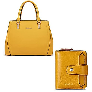 BOSTANTEN Women Leather Handbag Designer Top Handle Satchel Shoulder Bag Crossbody Purse Yellow Leather Wallets for Women RFID Blocking Zipper Pocket Small Bifold Wallet Card Case