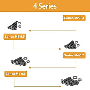 VIGRUE 1225PCS Metric M2 M3 M4 M5 Flat Hex Head Socket Cap Screws Black Zinc Plating Alloy Steel Small Bolts Nuts Washers Assortment Kit, Allen Socket Drive with 4Pcs Hex Wrenches