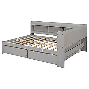 DEINPPA Full Size Platform Bed with L-Shaped Bookcase and 2 Drawers, Wooden Captain Bed Frame with Bookcase Headboard for Kids Teens Adult Boys Girls, No Box Spring Needed, Grey