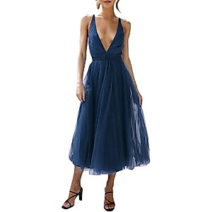 Women Deep V Neck Tulle Dress Spaghetti Strap Backless Party Wedding Cocktail Midi Dress Ladies Dresses Sleeves Dark Blue