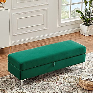 Elegant Finest Pine Green Storage Ottoman Bench Rectangular Pouf Seat Foot Stool Plush Velvet Upholstered Padded Cushion Top Hidden Large Compartment Weight-Bearing Metal Legs Space-Saving Article