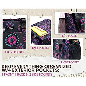 Pursetti Insulated Lunch Bag for Women-Reusable Large Lunch Tote Bag with Water Bottle Holder & Leak-Proof Lining for Work or Travel-Carry by Hand, On the Shoulder or Crossbody (Purple Circle)